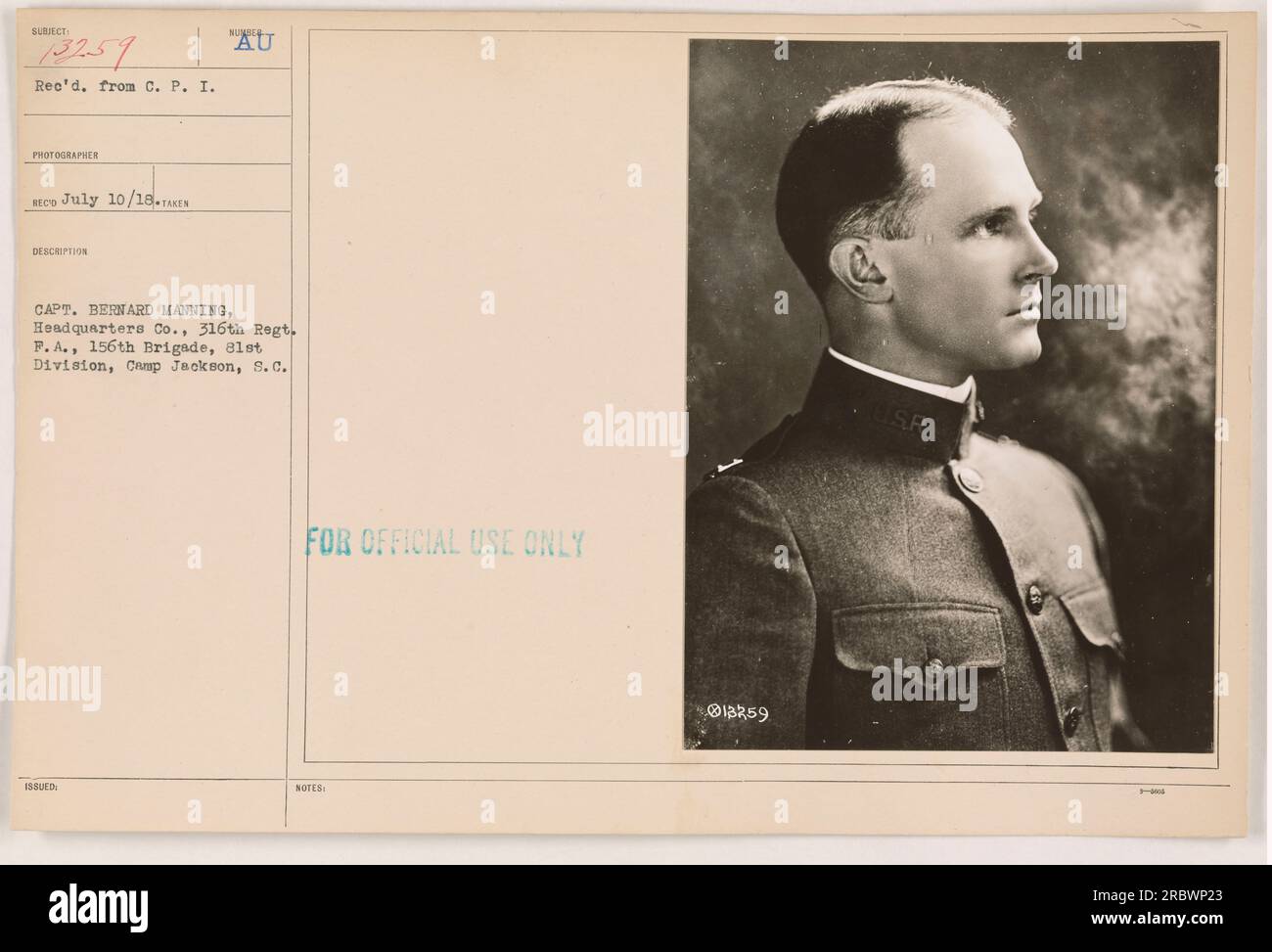 Captain Bernard Manning of Headquarters Company, 316th Regiment, 156th ...