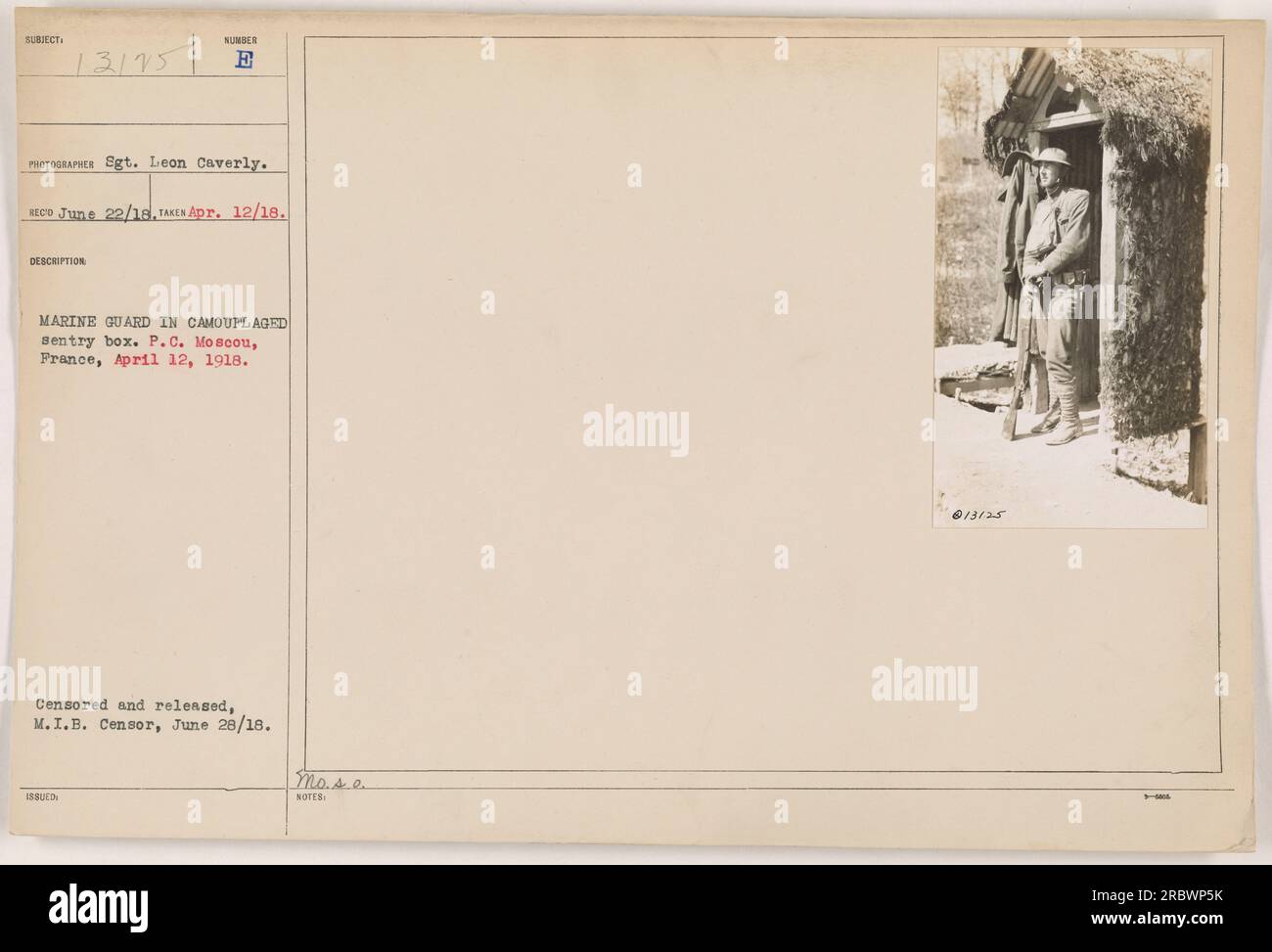 A marine guard stands inside a camouflaged sentry box in P.C. Moscou ...