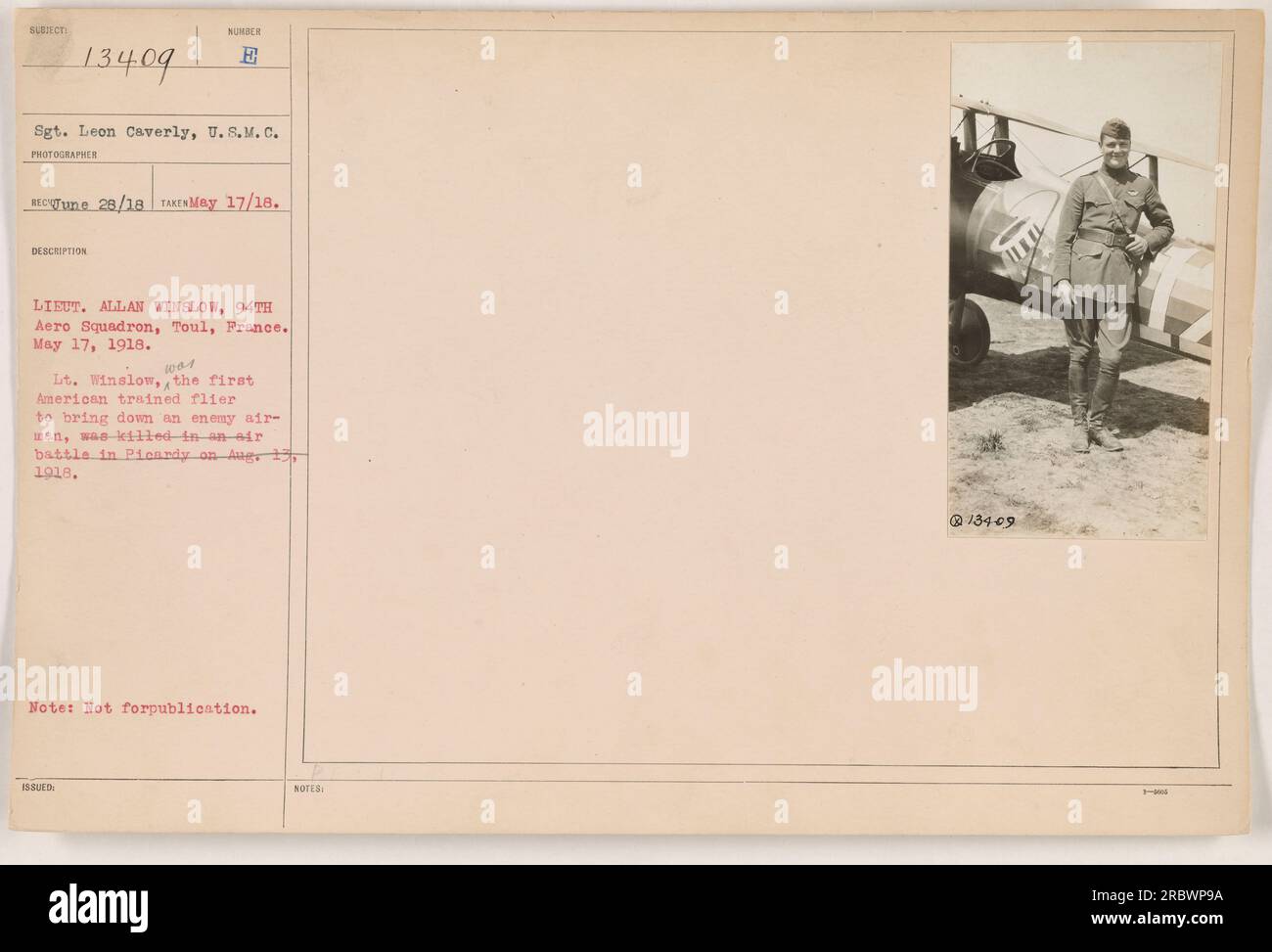 "Sgt. Leon Caverly's photograph of Lt. Allan Winslow from the 94th Aero ...