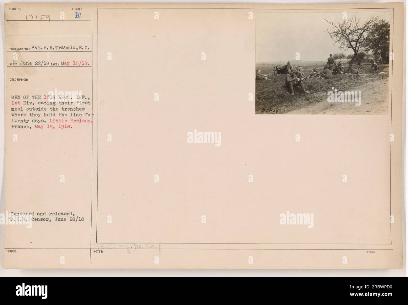 Title: Men of the 16th Regt. Inf., 1st Div., eating first meal after 20 ...