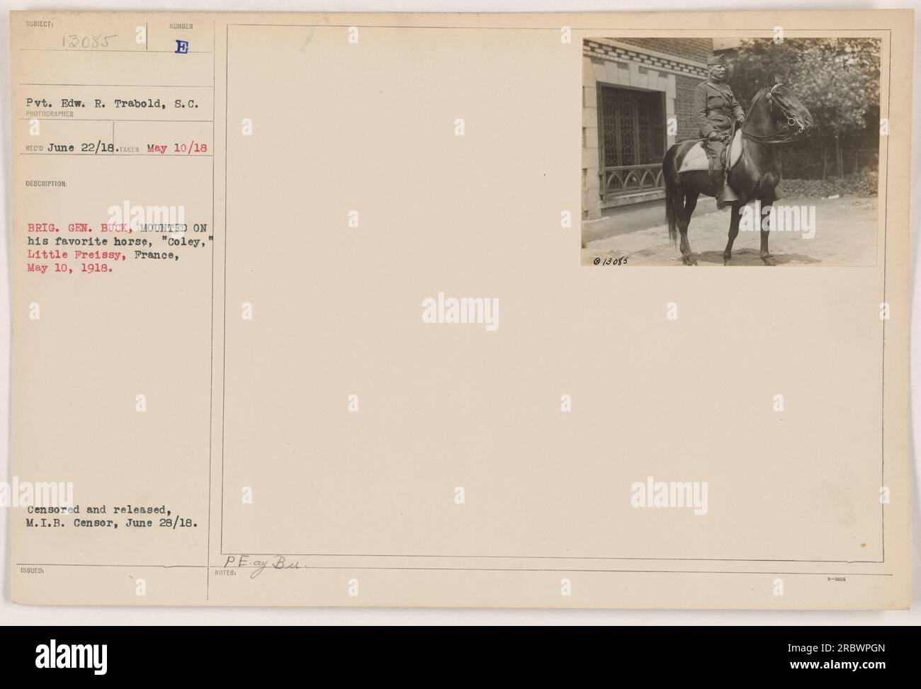 Brig. Gen. Buck, mounted on his horse "Coley," in Freissy, France ...