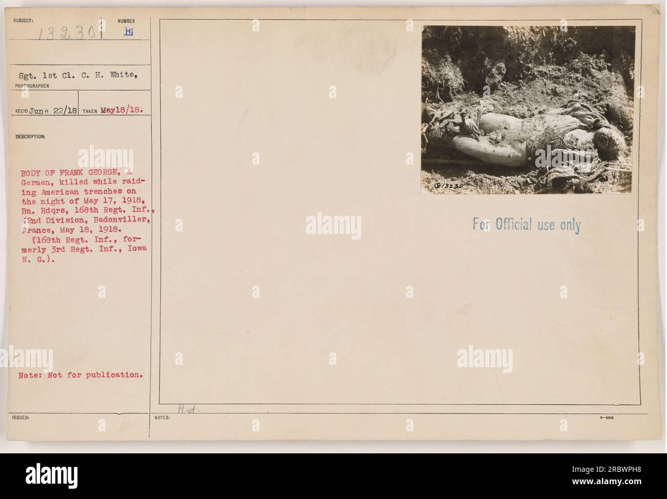 The image depicts the body of Frank George, a German soldier, who was ...