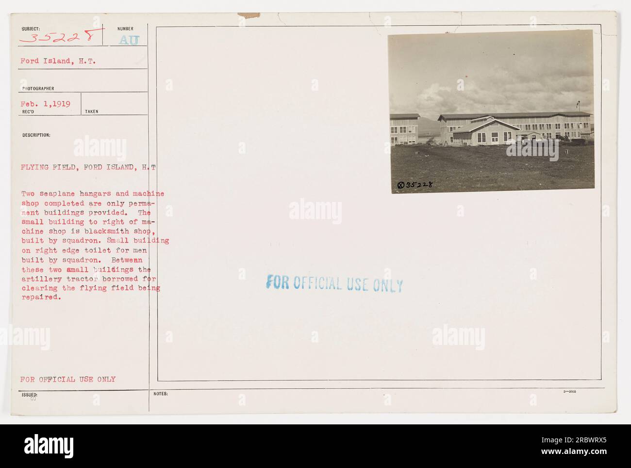 Aerial view of Ford Island, H.T. showing two completed seaplane hangars ...
