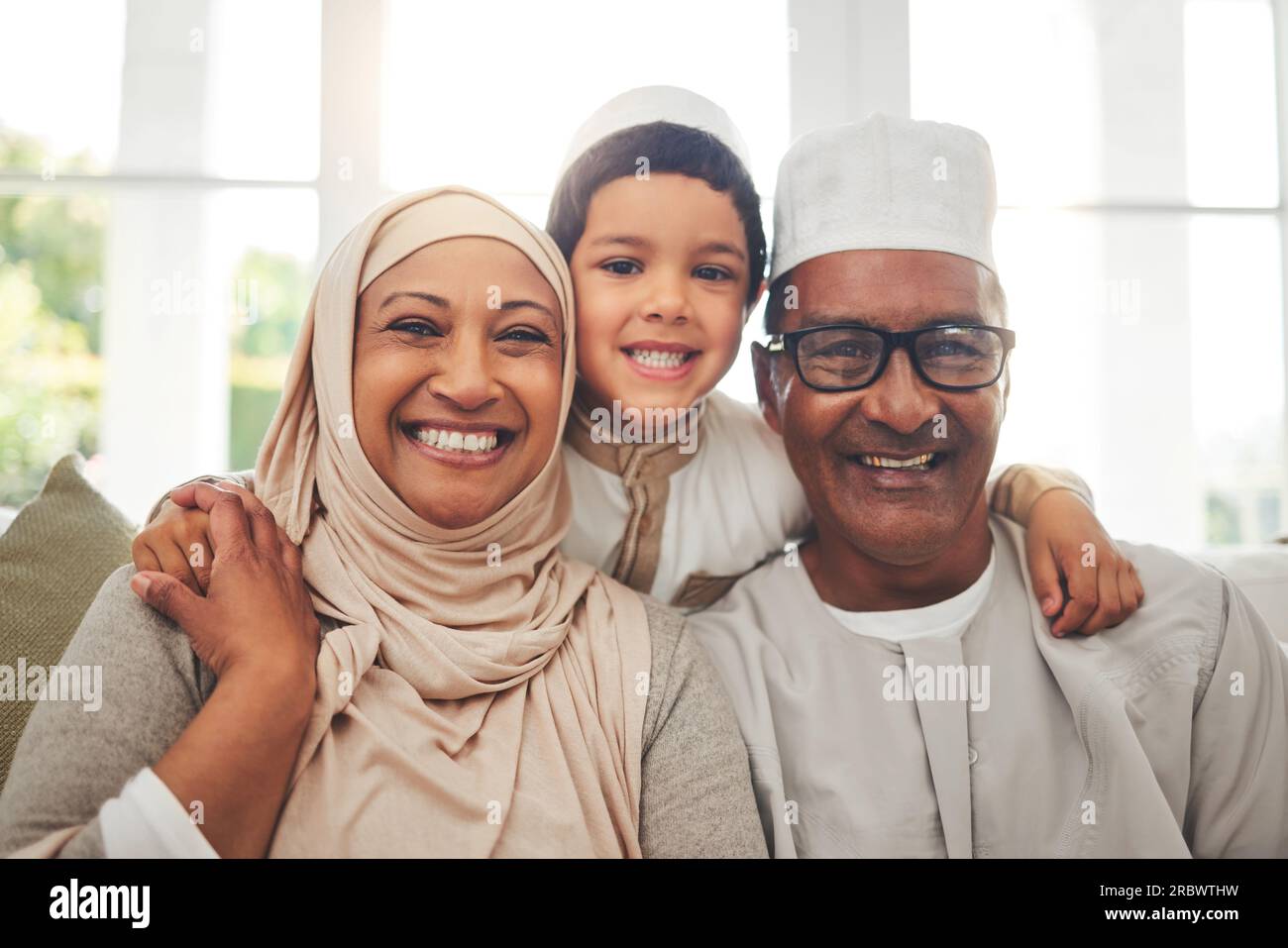 Portrait, Islam and grandparents with child for Eid with happy family ...