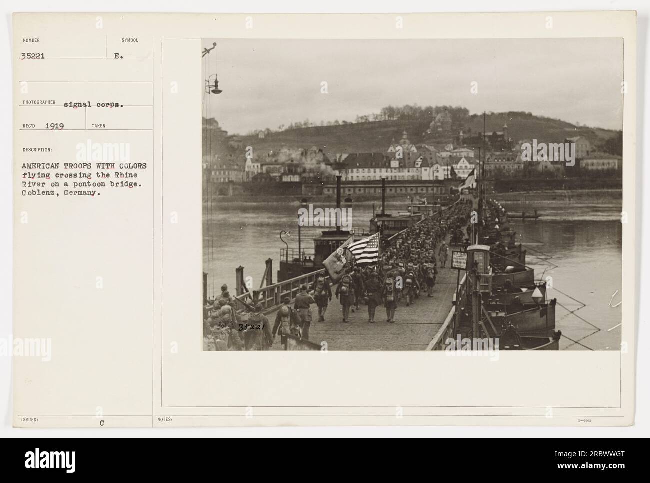 American troops crossing the Rhine River on a pontoon bridge in Coblenz ...