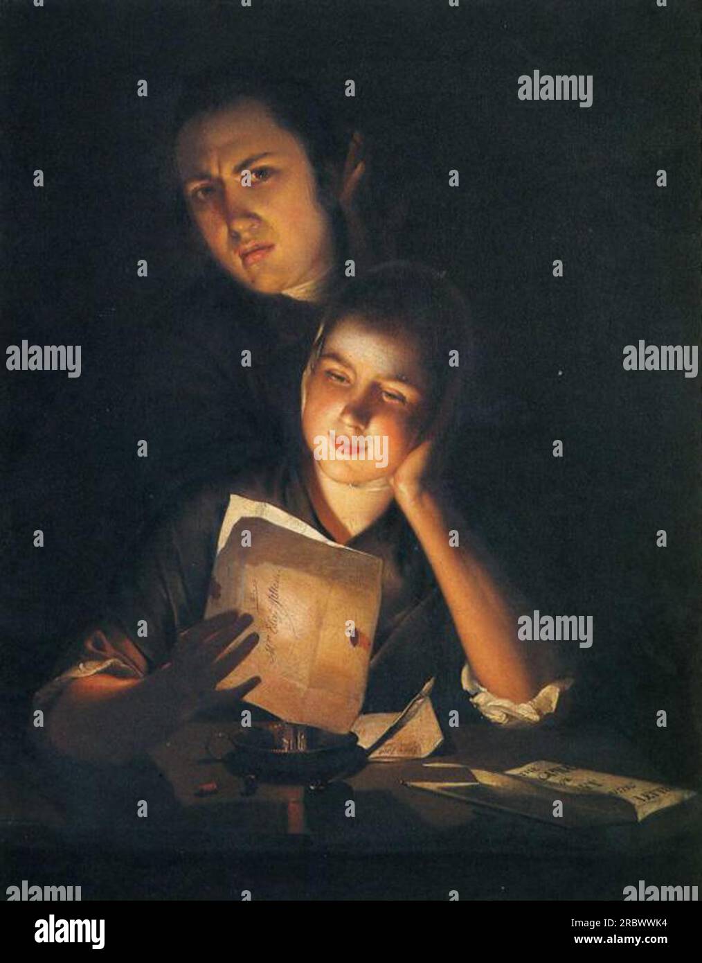 A Girl reading a letter by Candlelight, with a Young Man peering over ...