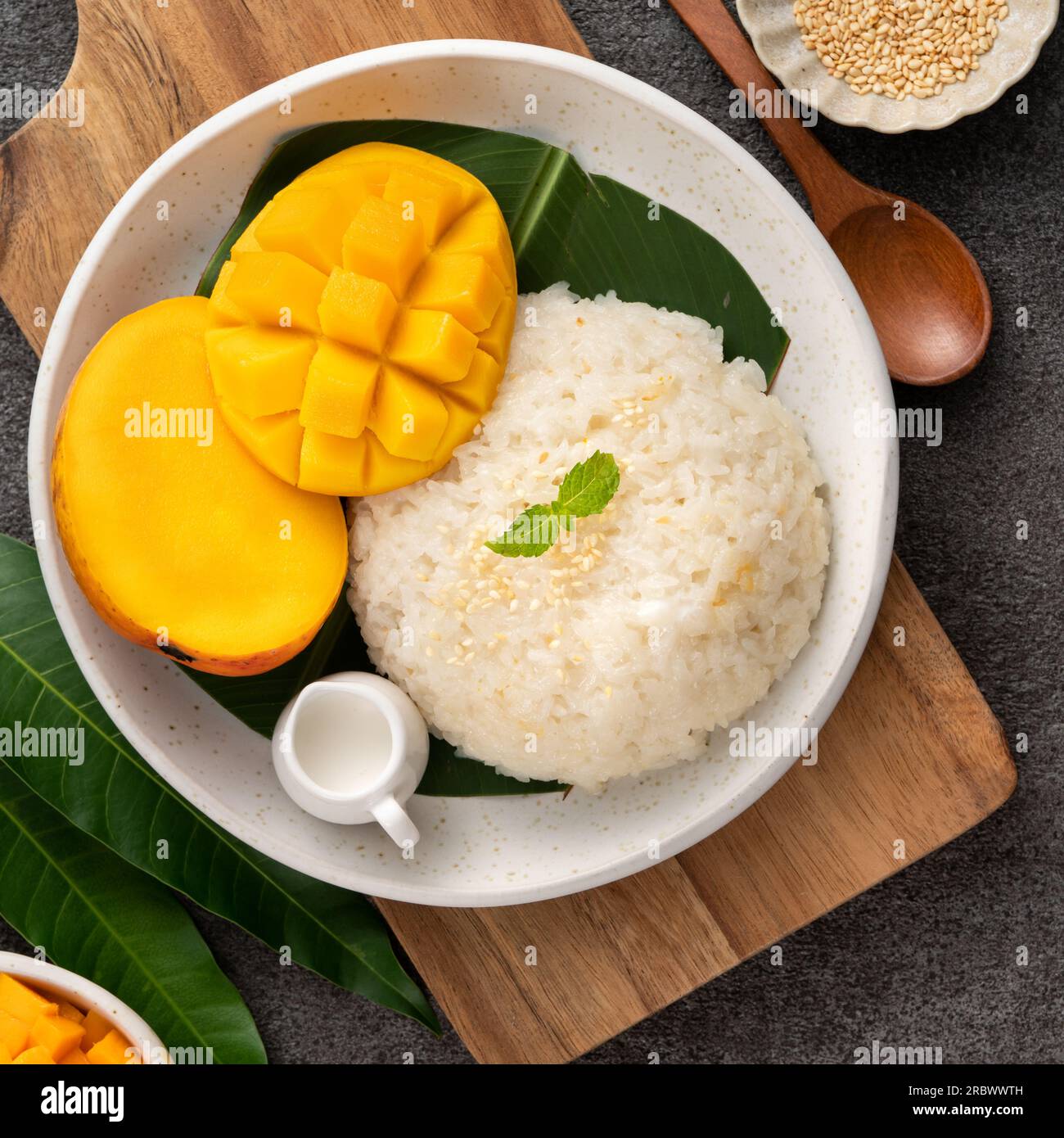 Delicious Thai mango sticky rice with cut fresh mango fruit in a plate ...