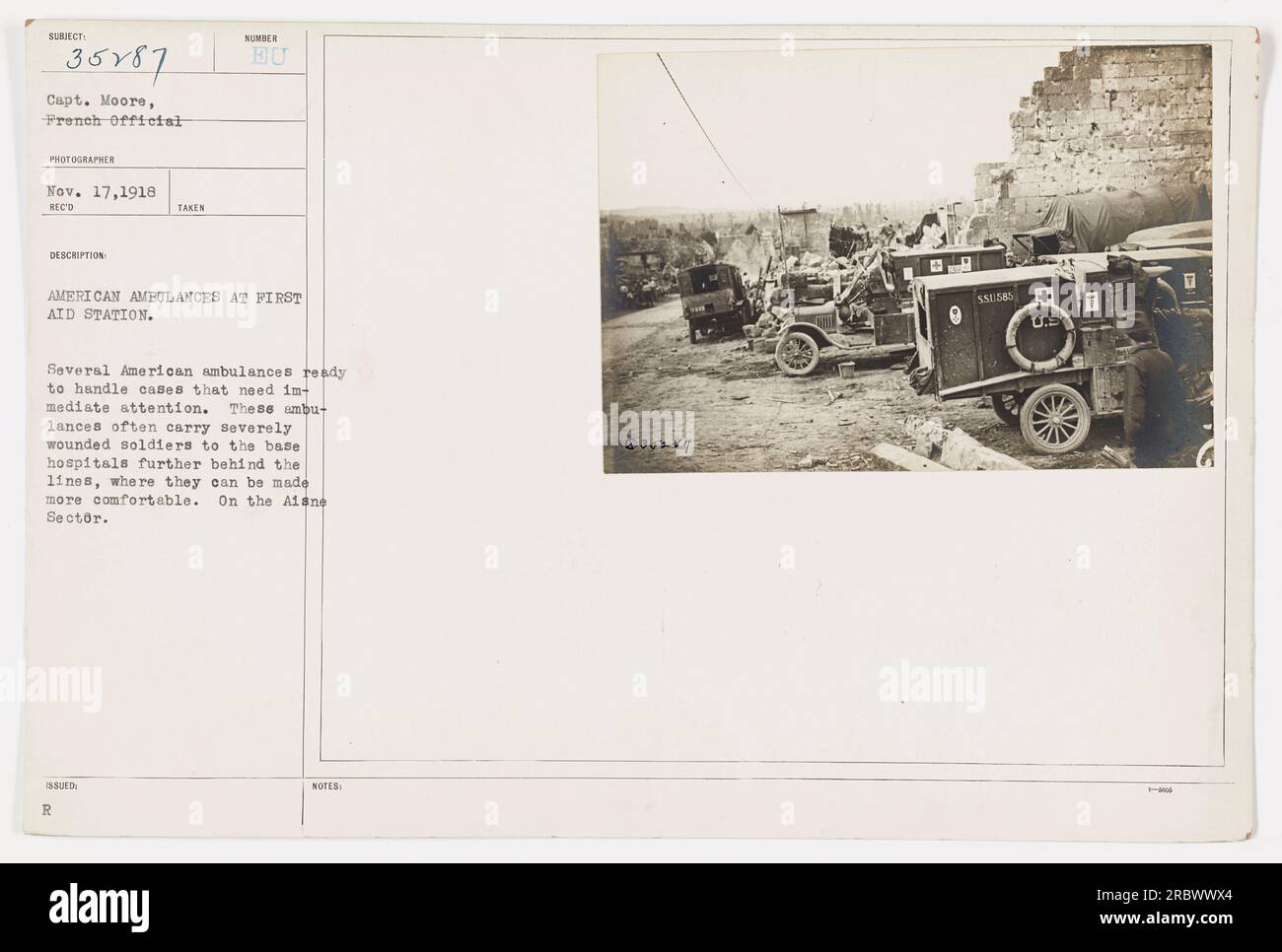 American ambulances lined up at a first aid station during World War I ...