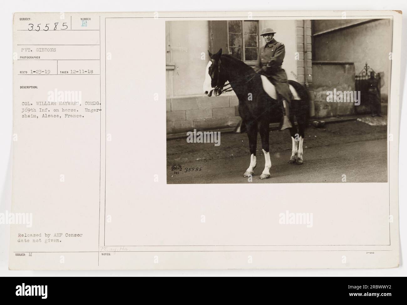 Col. William Hayward of the Coldg 369th Infantry on a horse in Unger ...