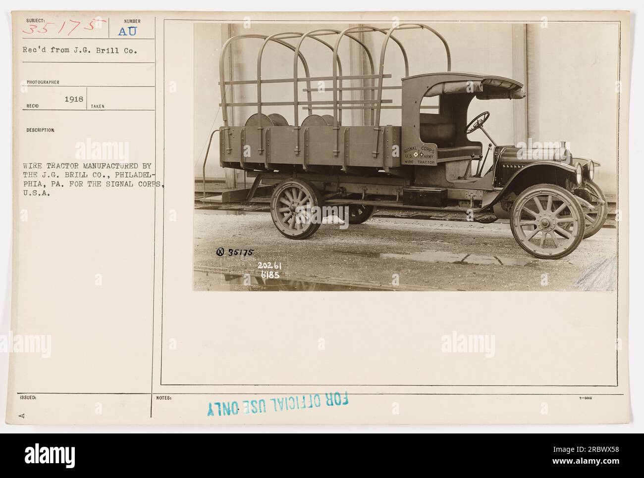 The image depicts a wire tractor manufactured by J.G. Brill Co ...
