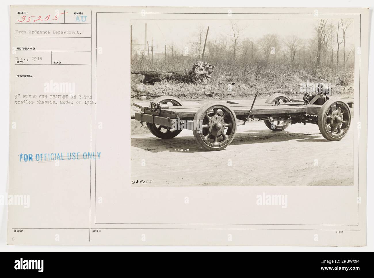 The image shows a 3" field gun trailer mounted on a 3-ton trailer ...