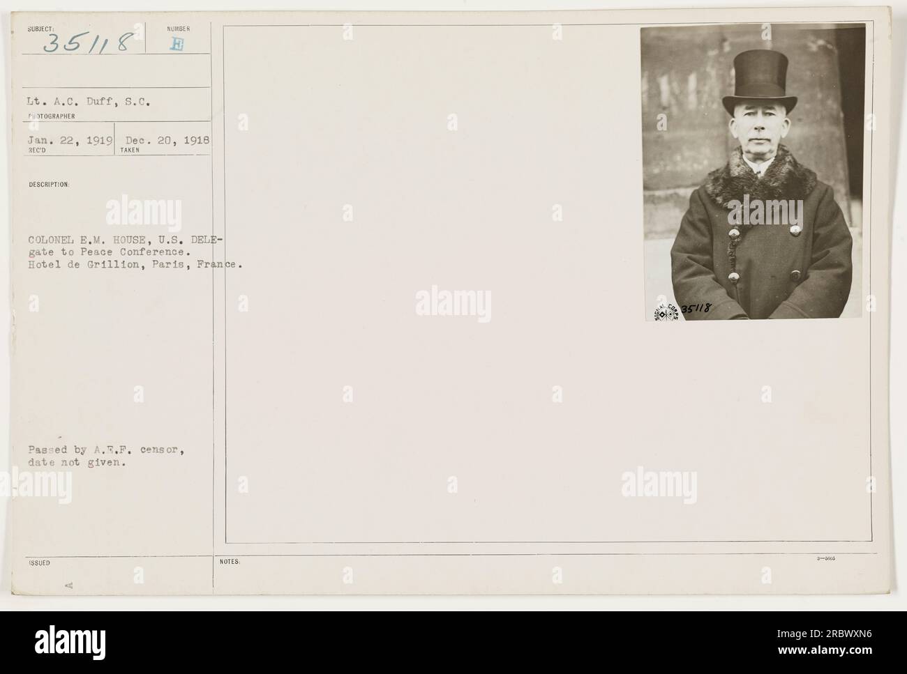 Lt. A.C. Duff, S.C., is pictured with Colonel E.M. House, a U.S ...