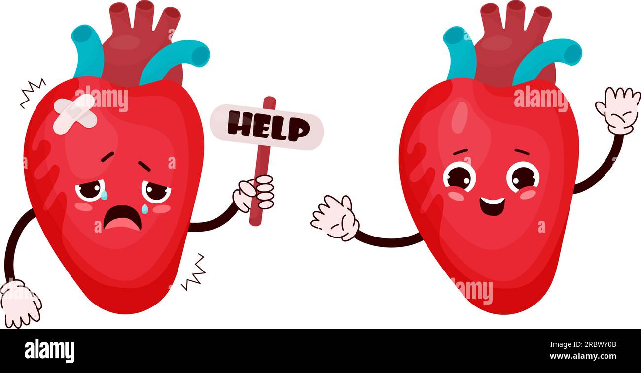 Cute cartoon heart with different emotions. Happy human organ character ...
