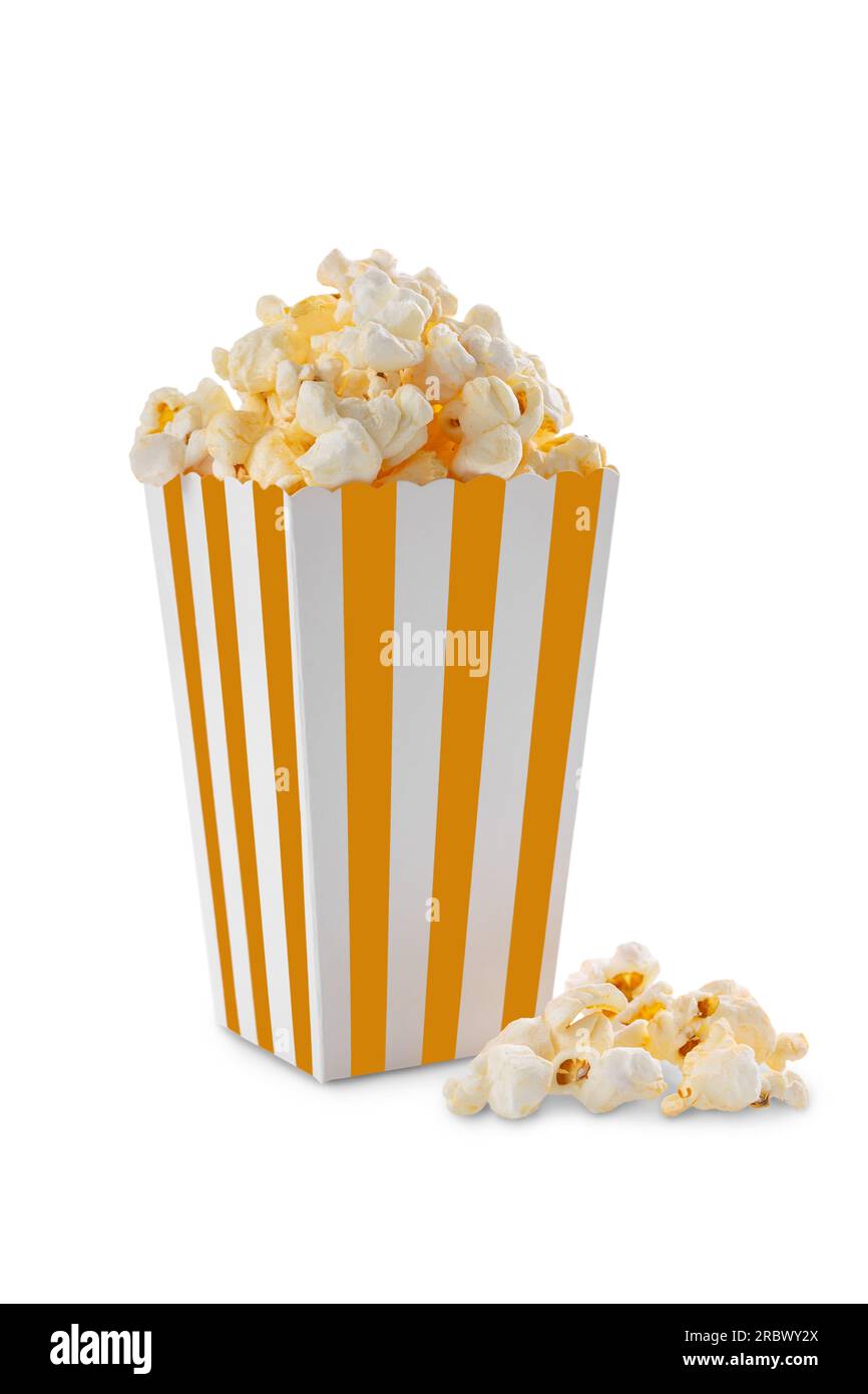 Yellow white striped carton bucket with tasty cheese popcorn, isolated ...
