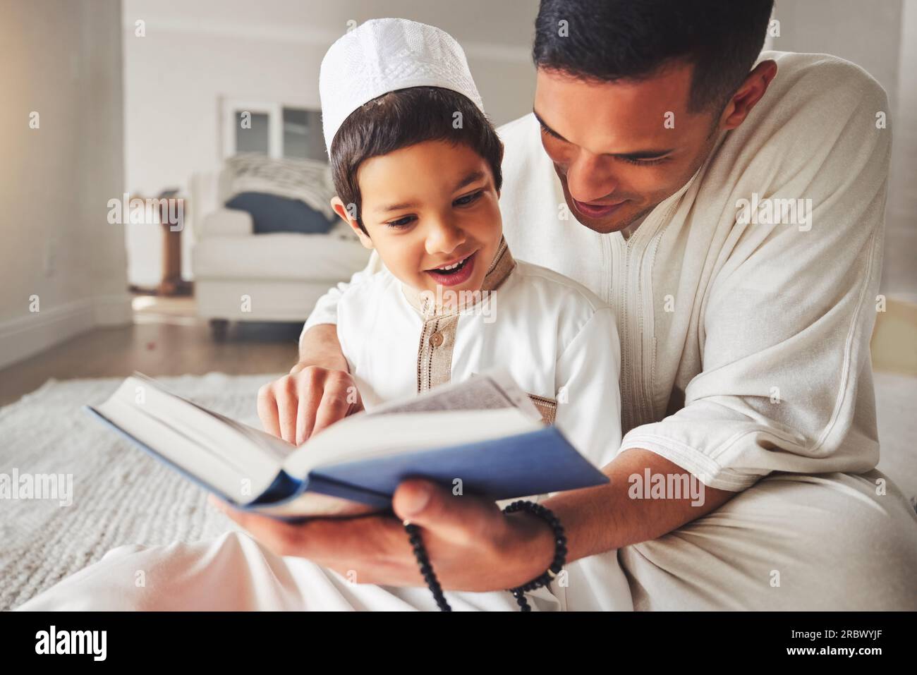 Quran, Muslim dad or happy child praying for worship, muslim pray and ...