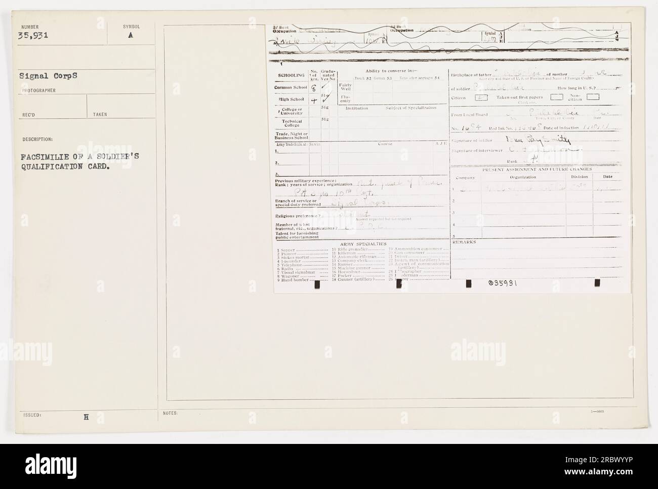 Soldier's qualification card, taken during World War One. The card ...