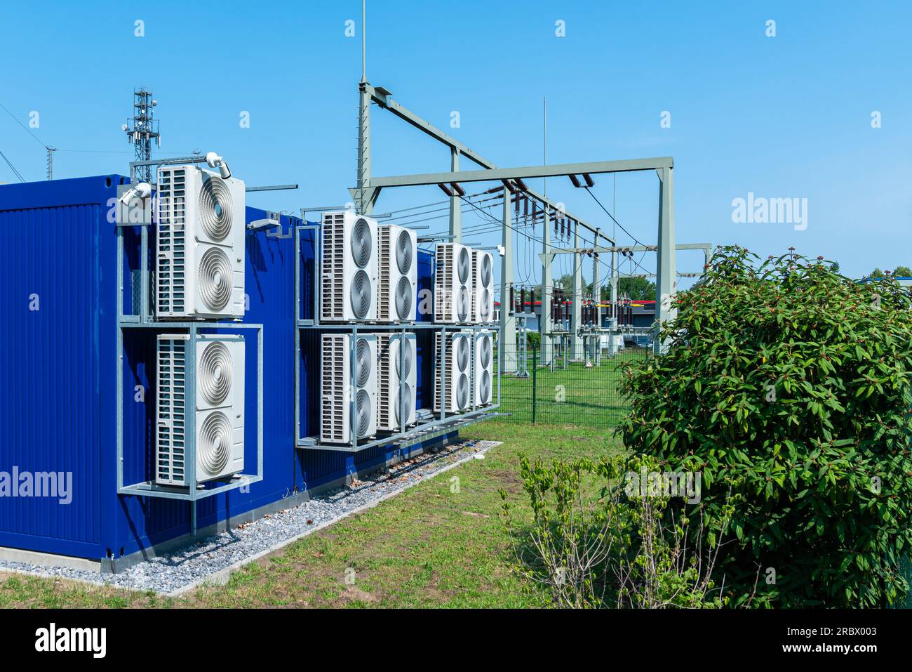 Transformer power station with large cooling fans on the rear wall ...