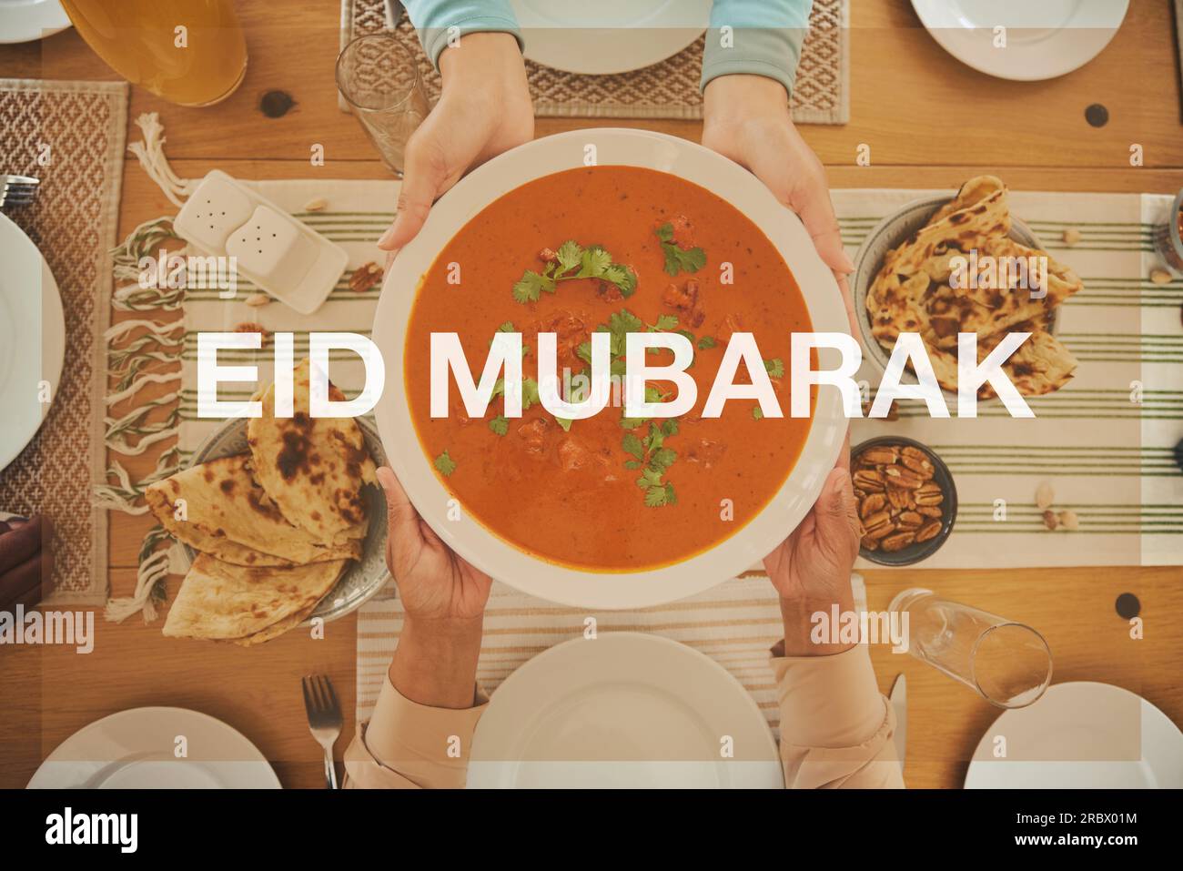 Food, Eid Mubarak and soup for family at table for Islamic celebration ...