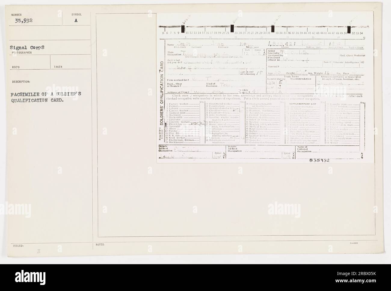 Soldier's qualification card showing their assigned occupation, years ...