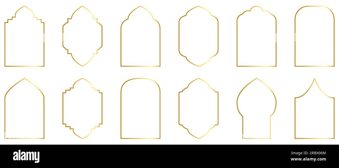 Set of golden arabic windows. Oriental style islamic windows and arches ...