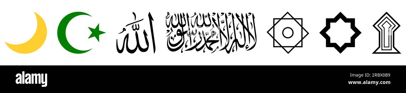 Collection of symbols of Islam. Crescent, Star and crescent, Allah ...