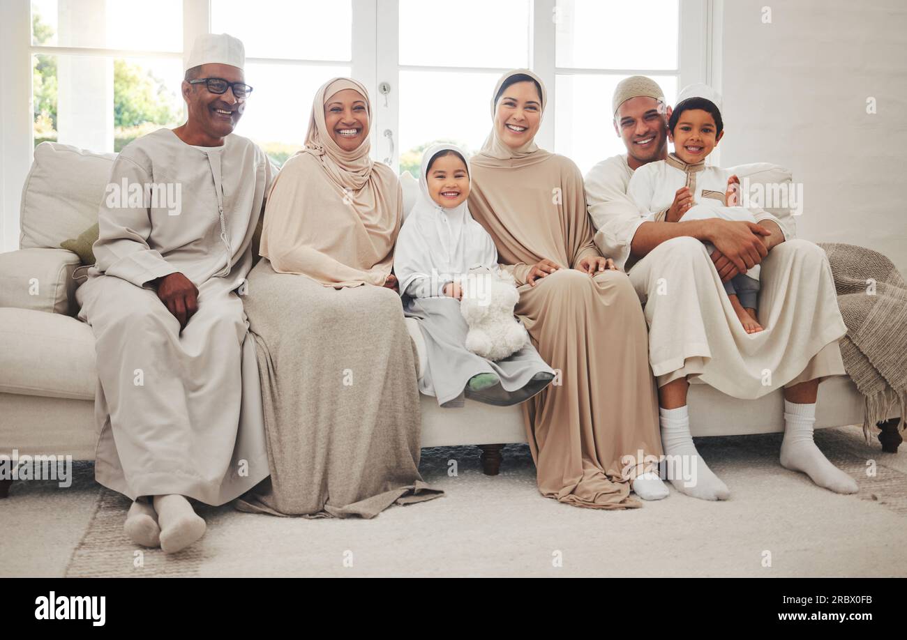 Portrait, Islam and big family on sofa for Eid with parents ...