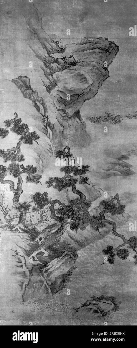 Landscape with a Precipitous River-bank with Gnarled Pines and Three ...
