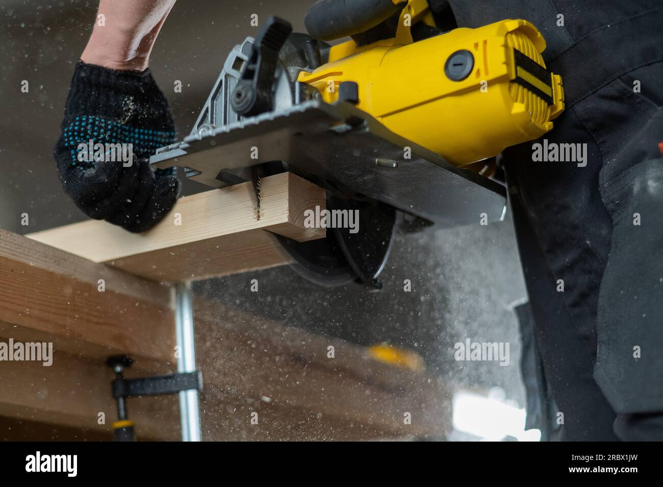Master cuts the board with a circular saw in the workshop. Close-up of ...