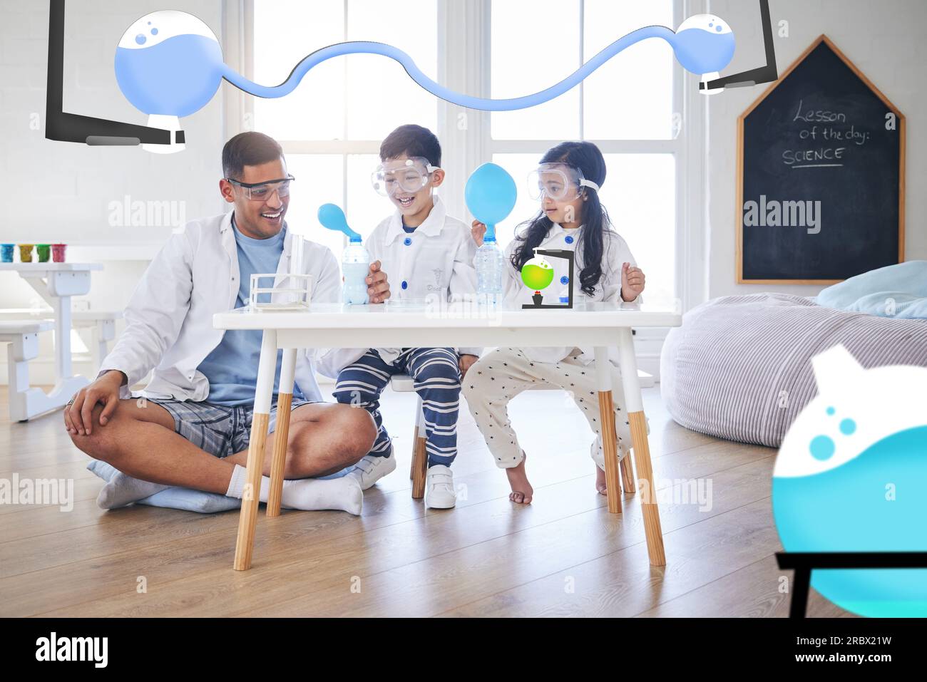 Family, science and father with kids in living room with balloon for ...