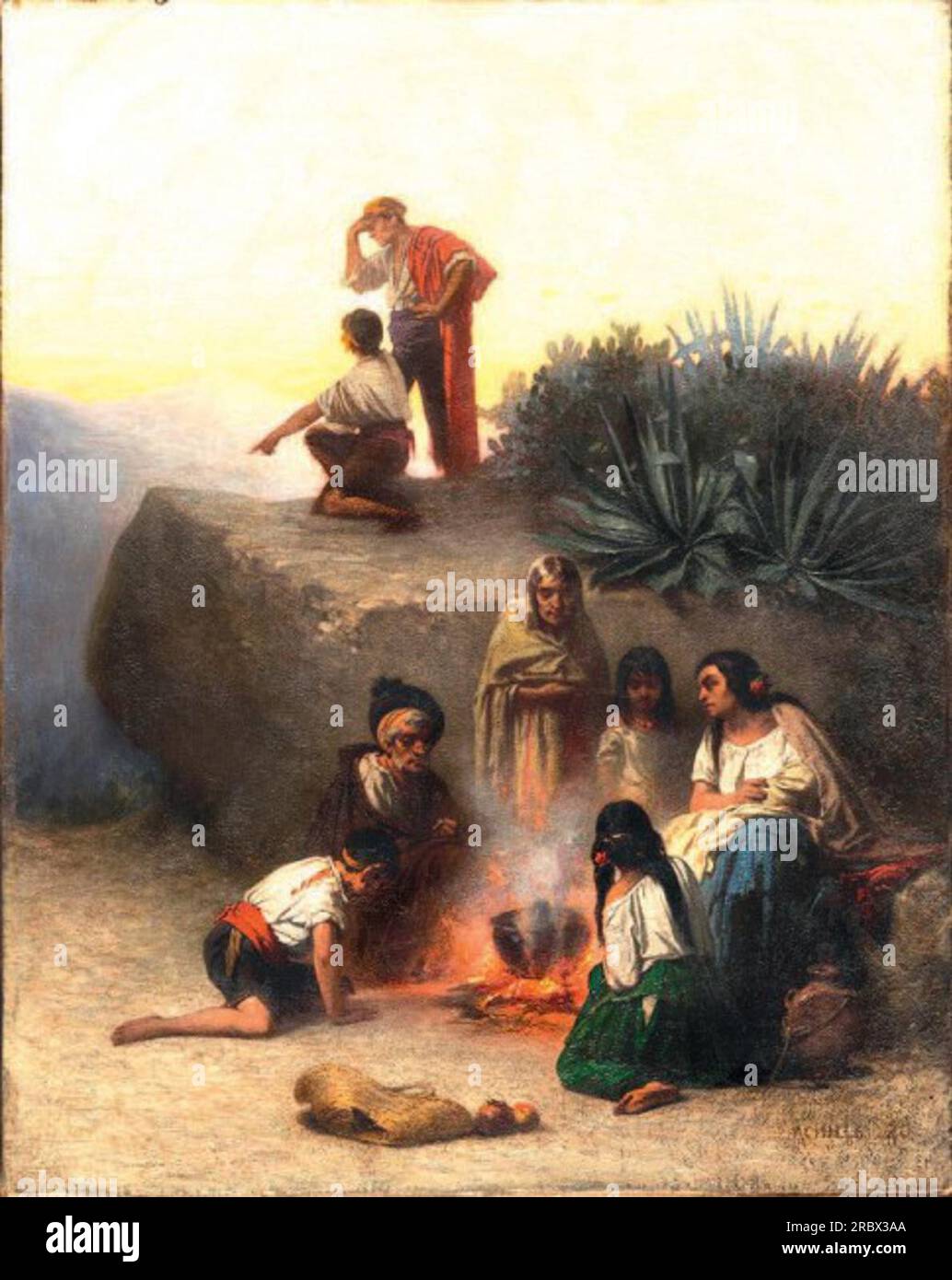 Evening break around the fire 1860 by Achille Zo Stock Photo - Alamy