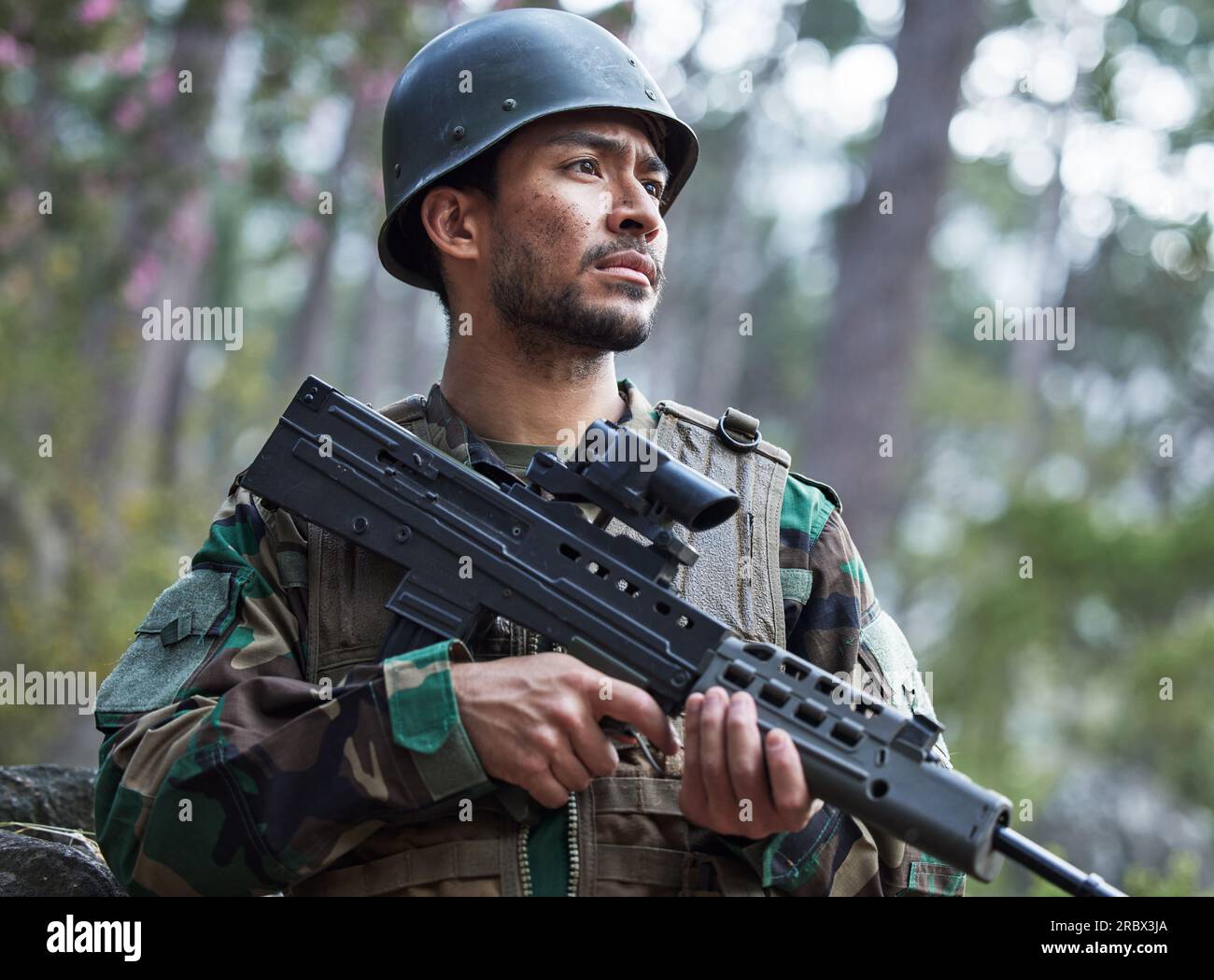 Veteran, army and man with gun for forest training, outdoor shooting ...