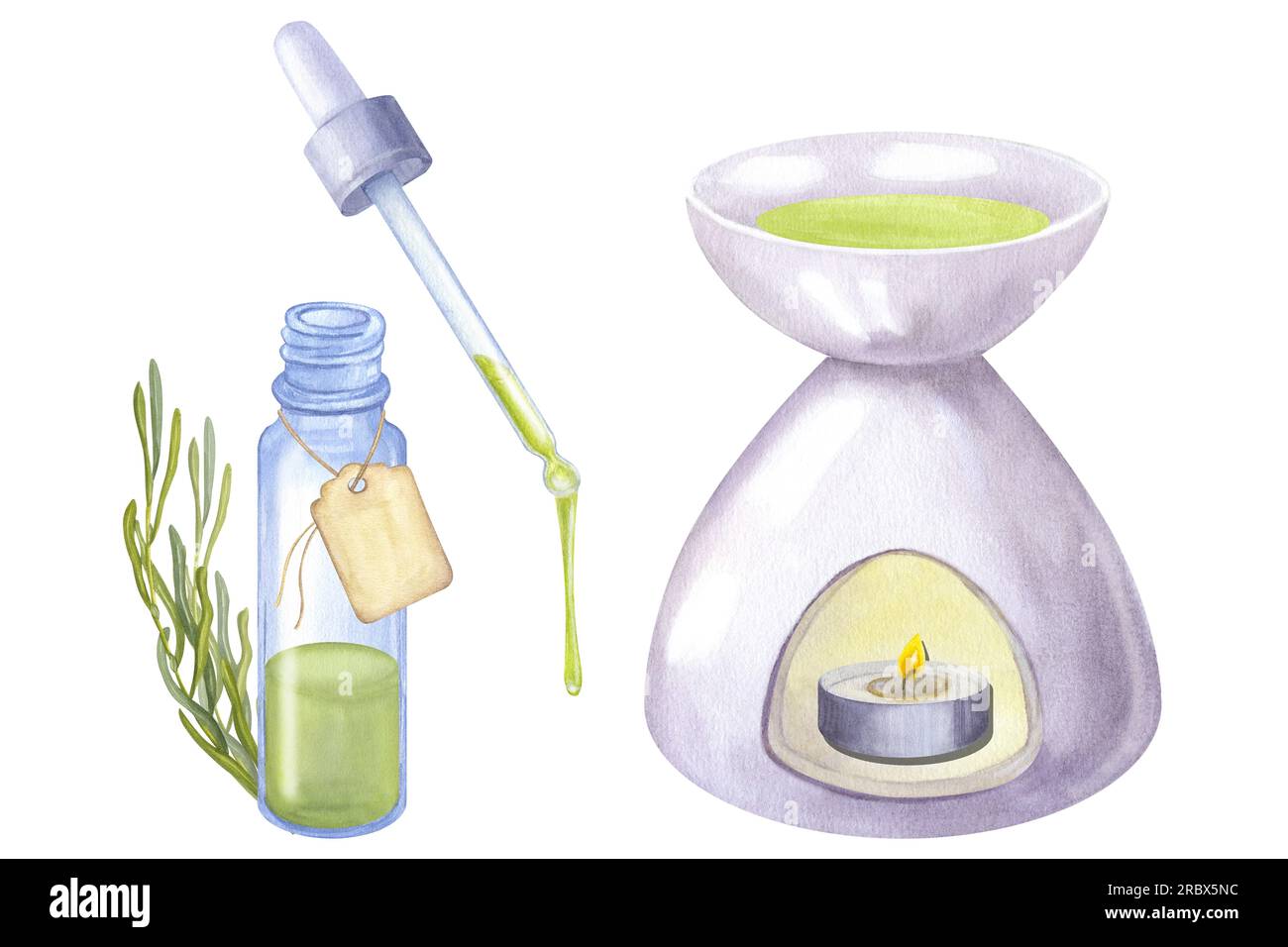 Rosemary essential oil. Herb, bottle, pipette, oil burner, candle. Hand ...