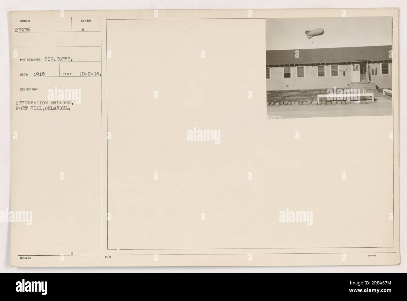 Observation balloon at Fort Sill, Oklahoma during World War One. The ...