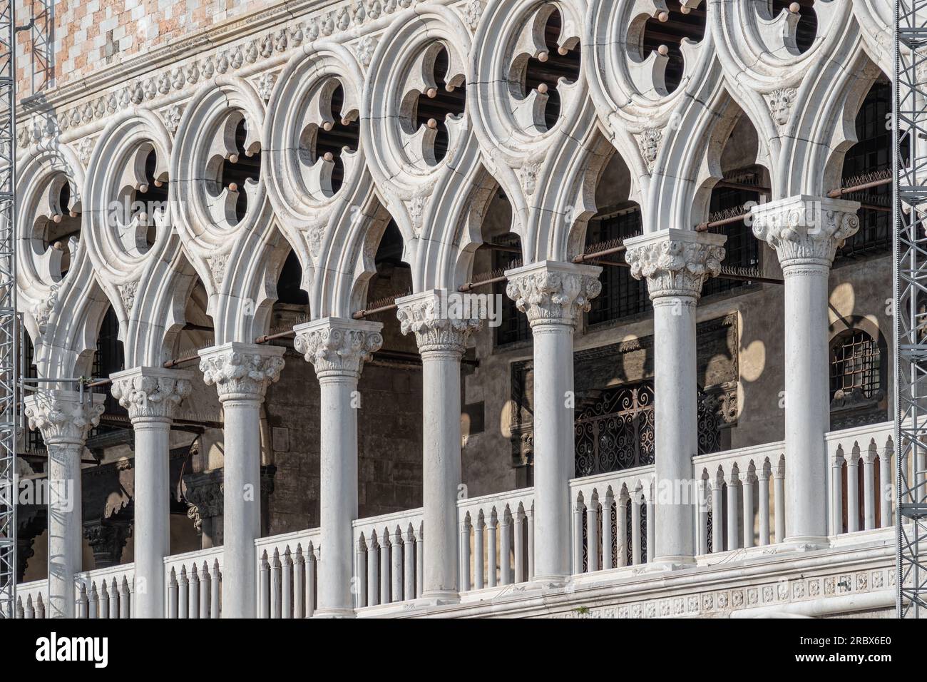 Architectural detail with the columns of Doge's Palace, in Venice ...