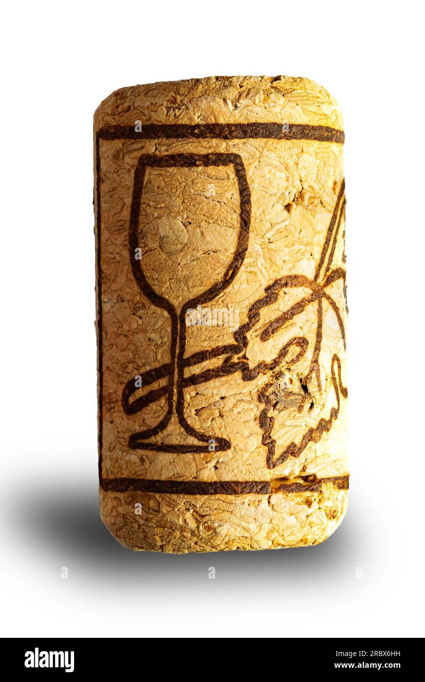 Single wine cork with wine glass and grape leaf illustration isolated ...