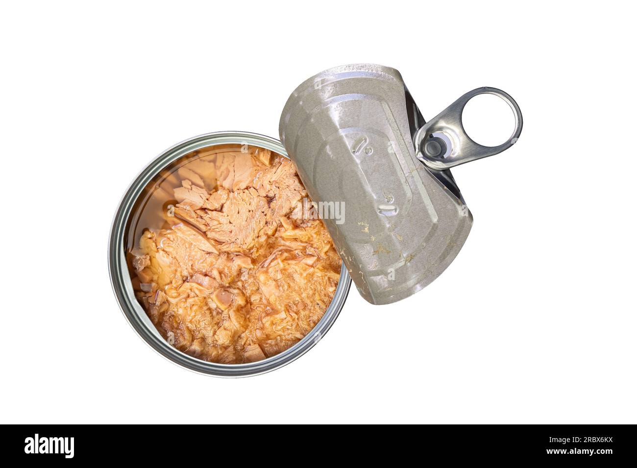Top view of open tin can of preserved tuna fish in vegetable oil ...