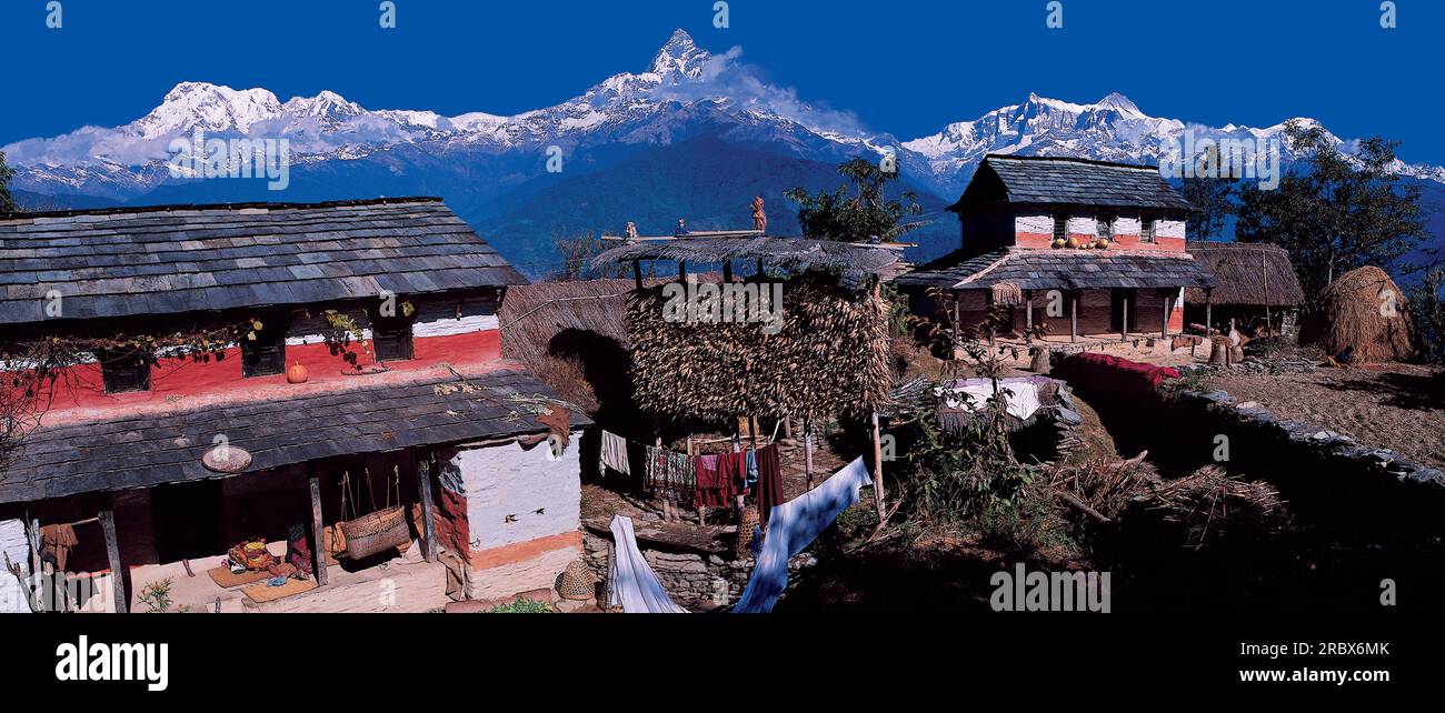 Magnificent panoramic view of Mt. Fishtail and Annapurna Range with ...