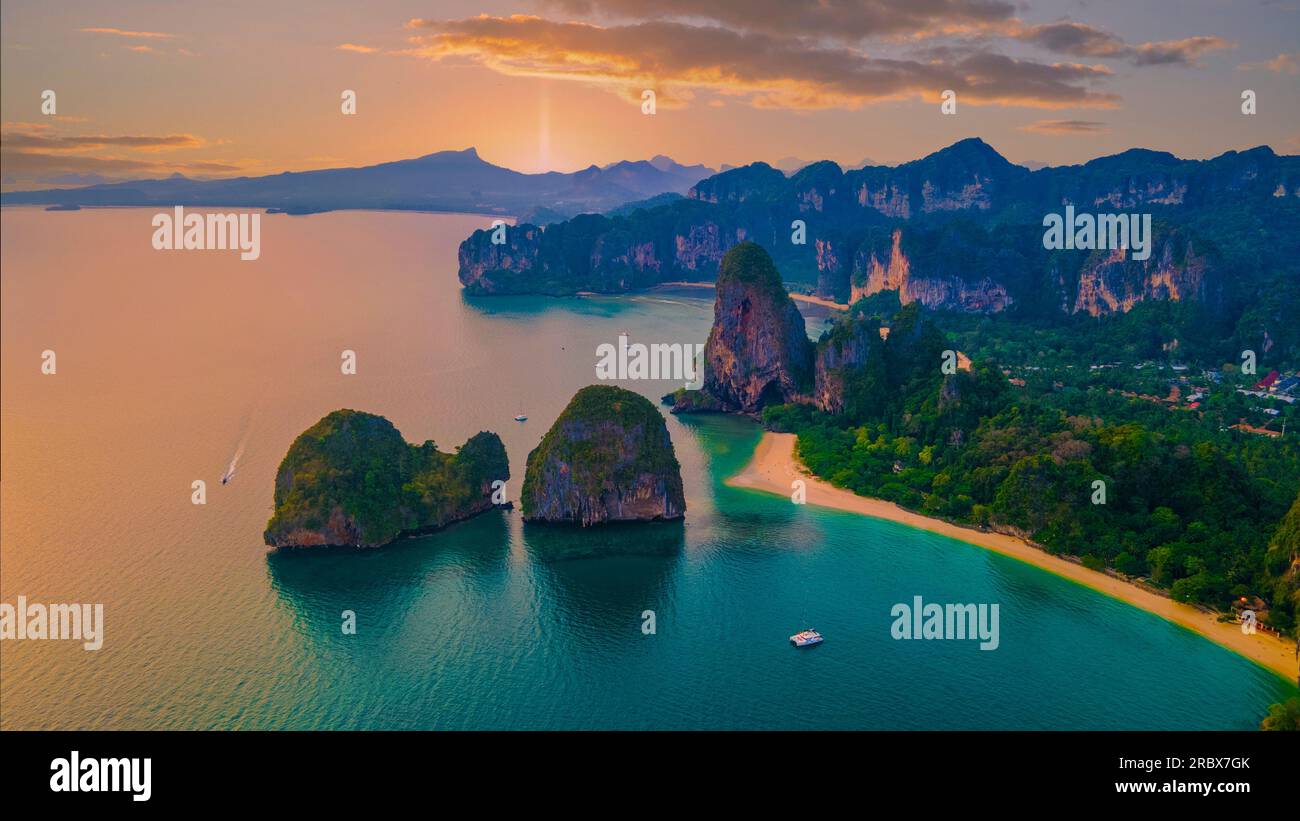 Aerial drone view at the limestone cliffs of Railay Beach Krabi ...