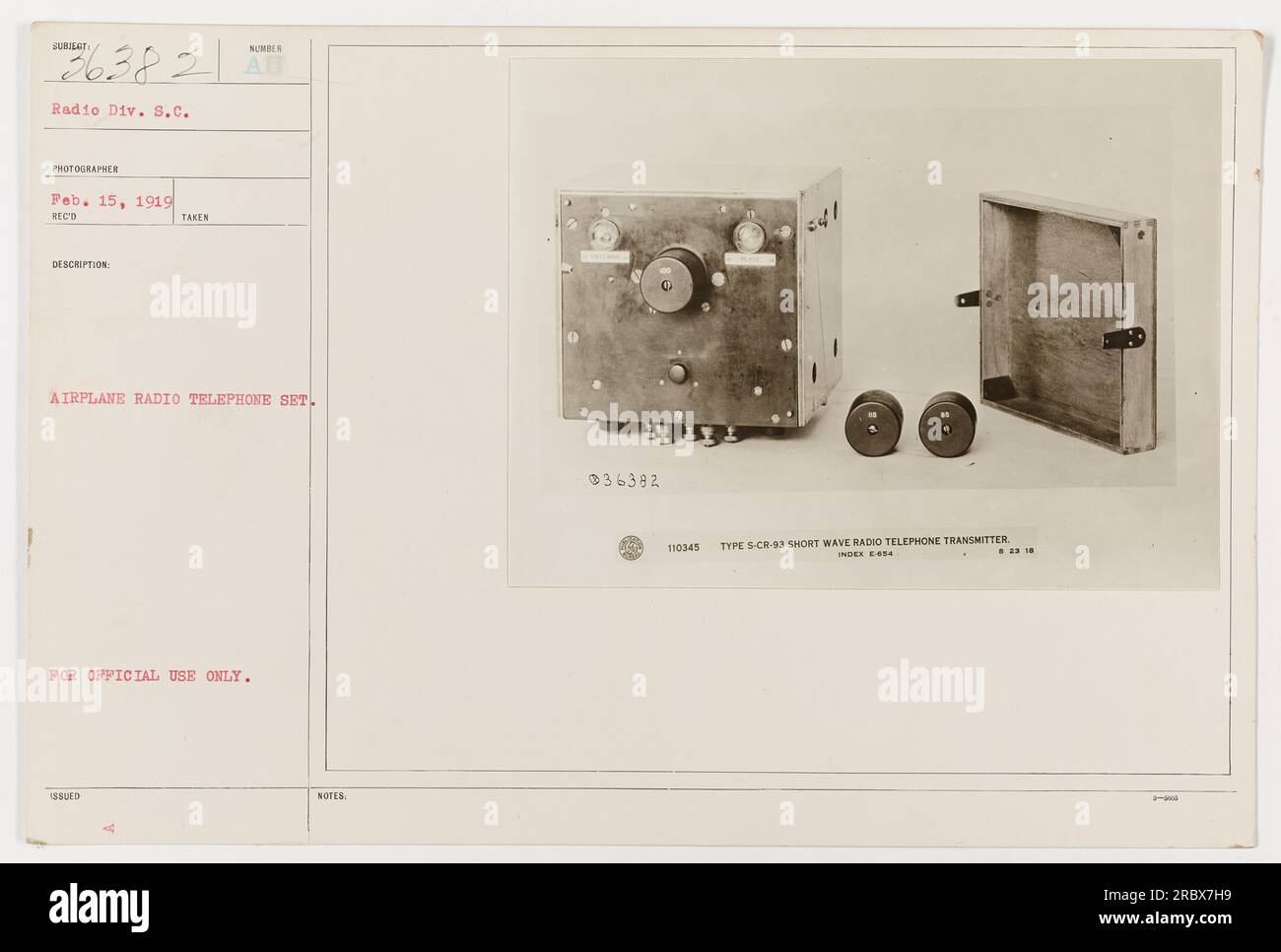 A photo taken on February 15, 1919, of an airplane radio telephone set ...