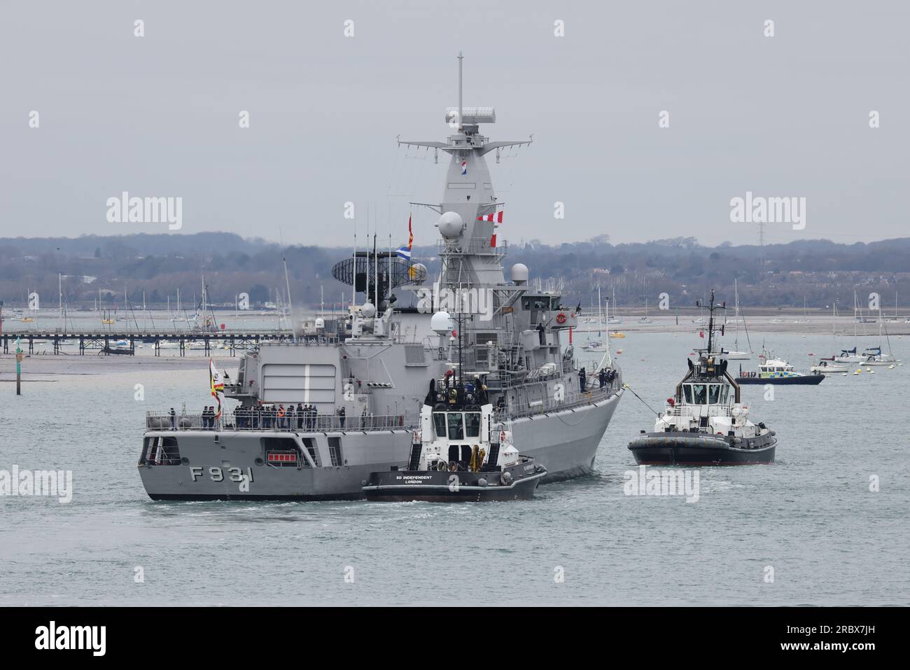 Two harbour-based tugs escort the Belgian navy ship BNS LOUISE-MARIE ...