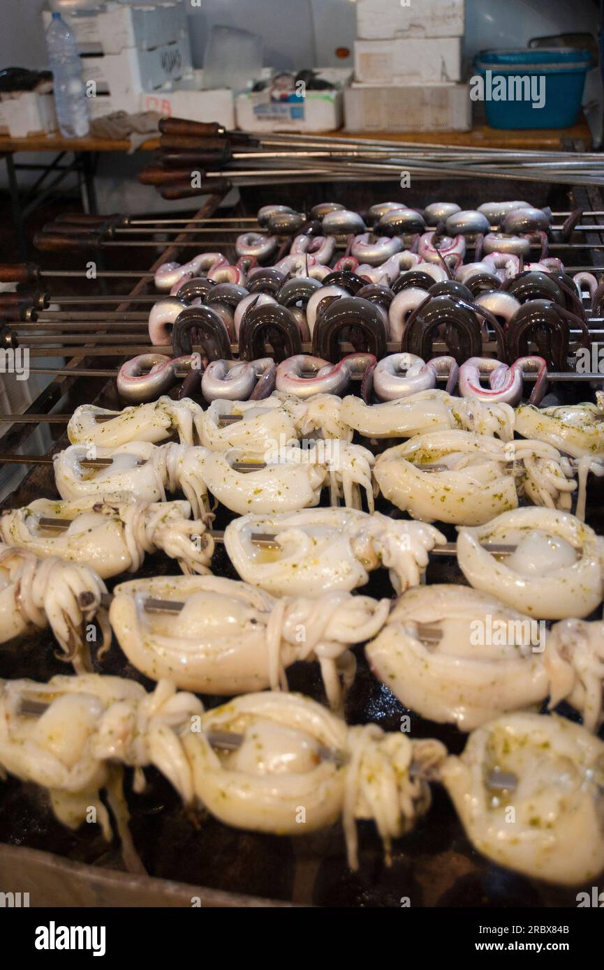 cuttlefish and eels on the spit, typical Sardinia recipe, Campidano ...