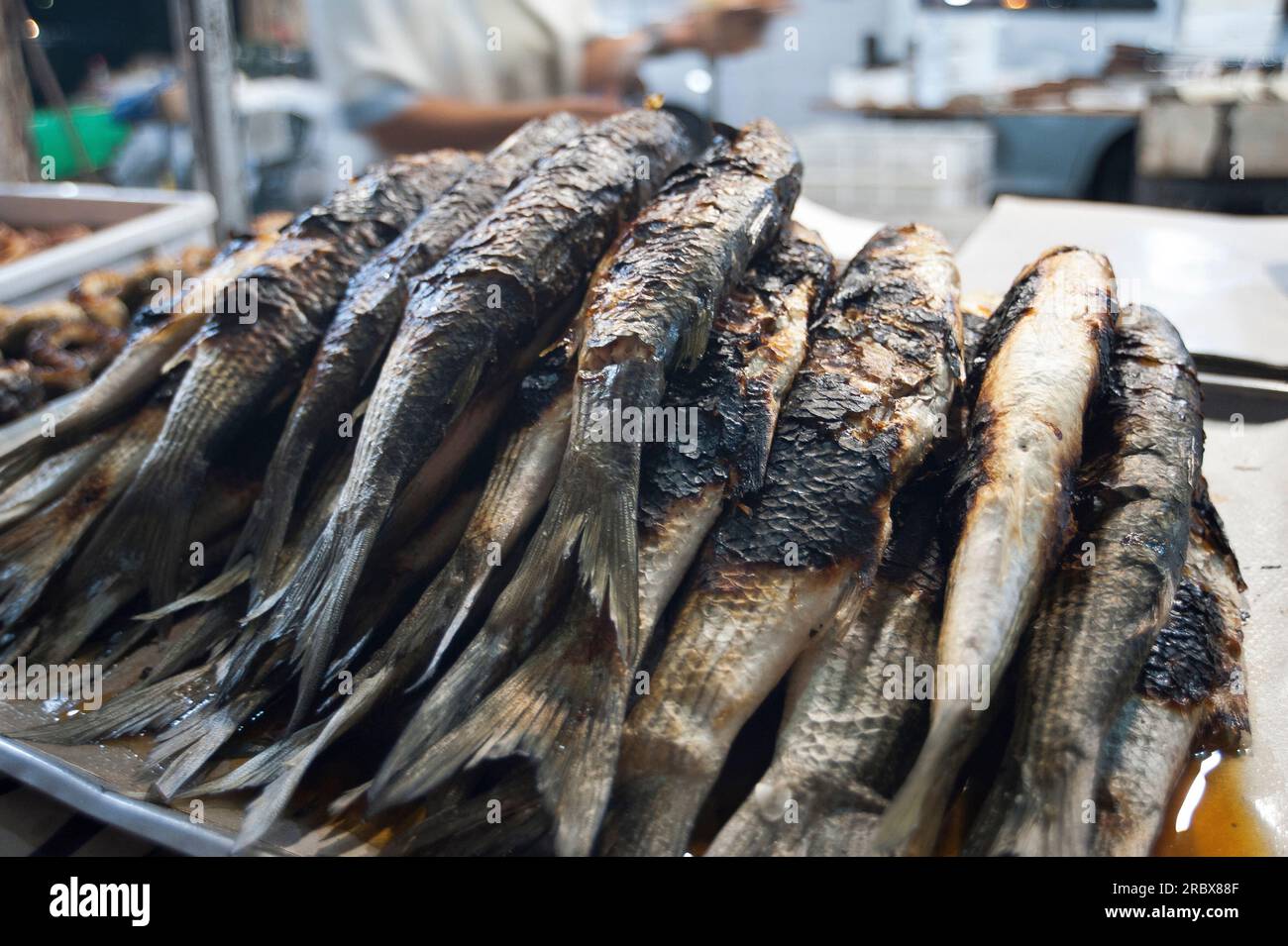 Mullet grilled, typical Sardinia recipe, Campidano, Sardinia, Italy ...
