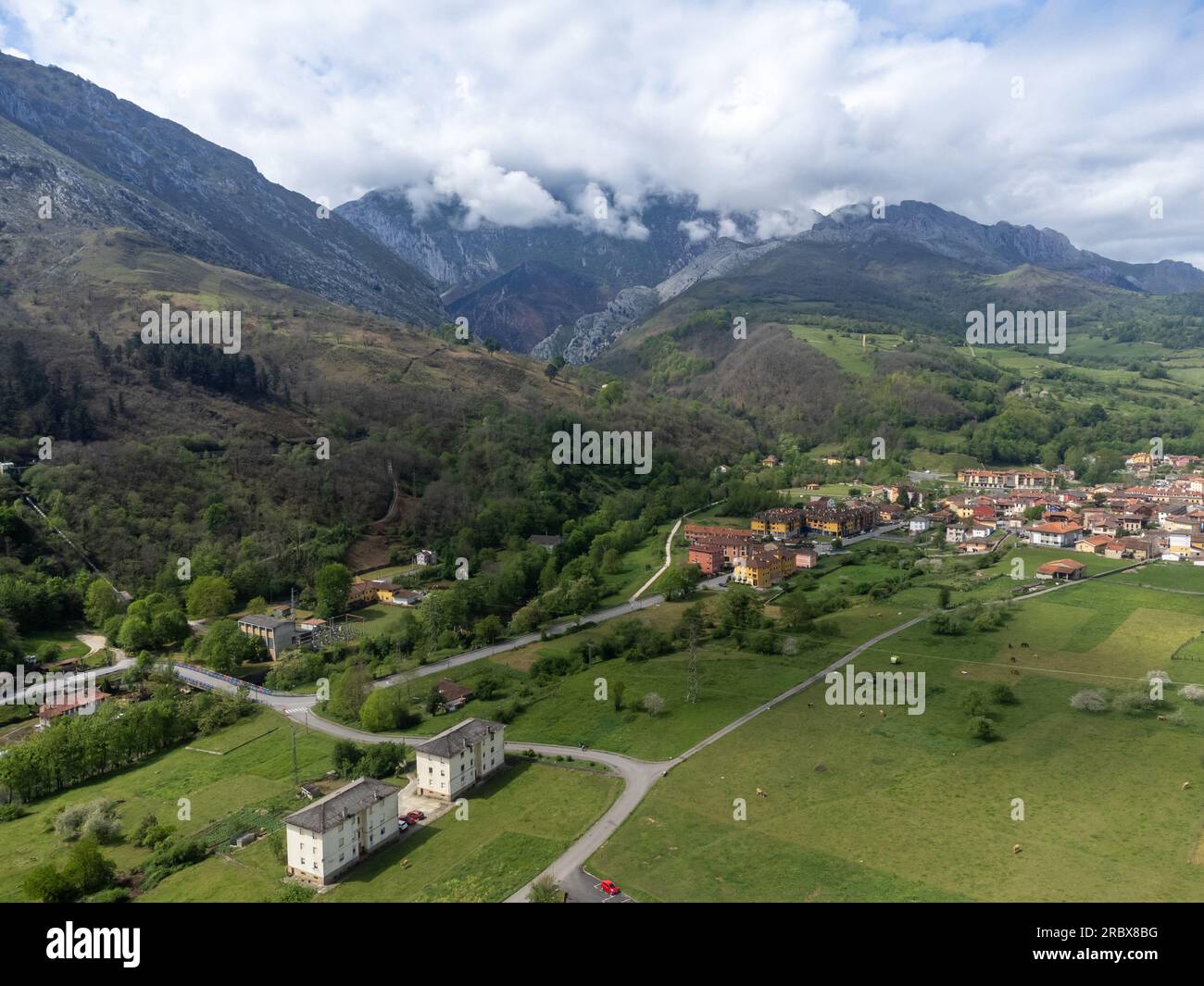 Aerial view on Los Arenas, mountain village where famous cabrales ...