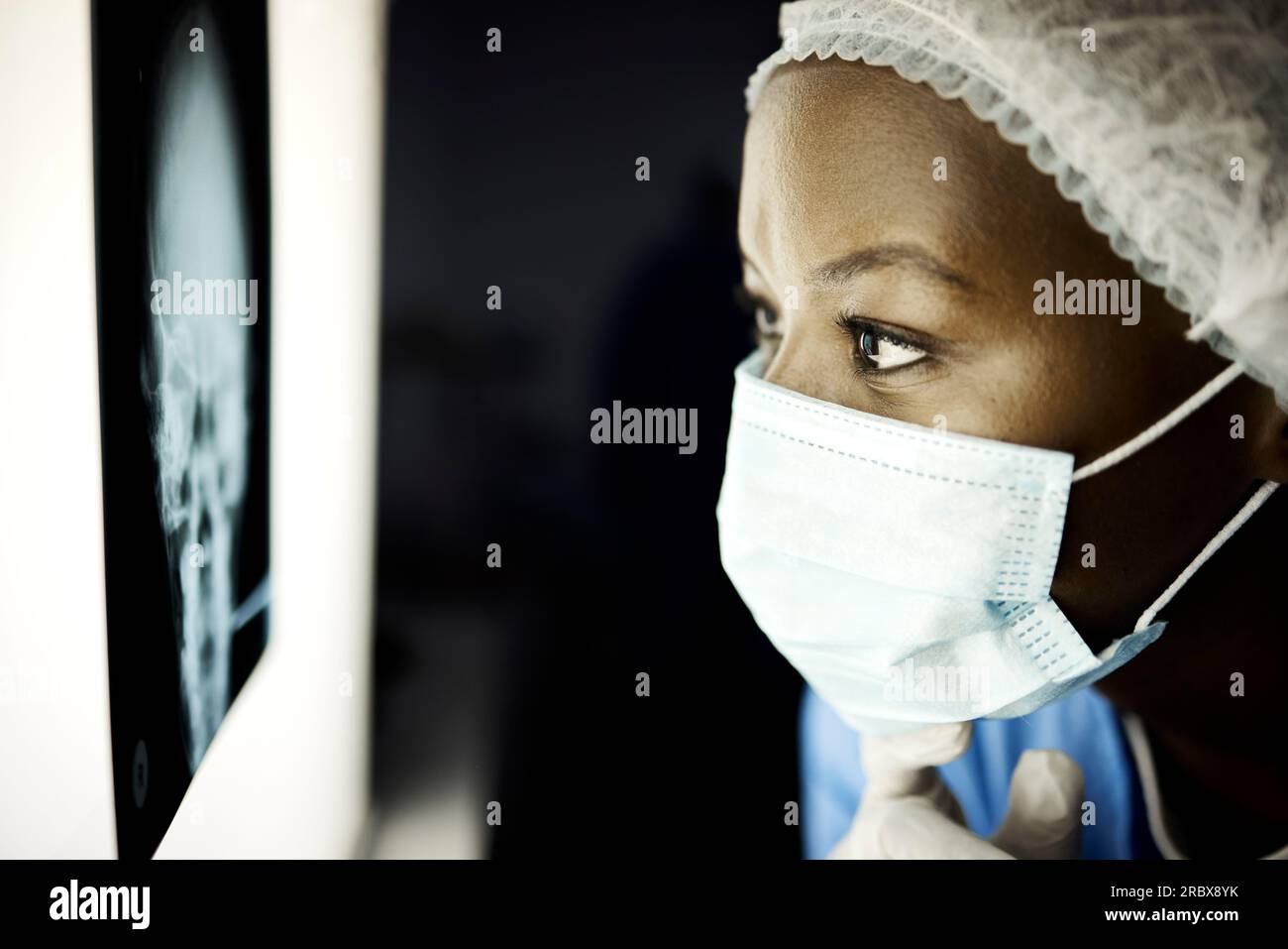 X ray, skull or doctor with scan, face mask or surgery with medical ...