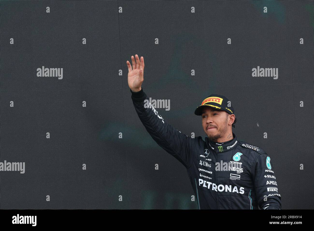 Podium celebration Lewis Hamilton (GBR) Mercedes W14 E Performance ...