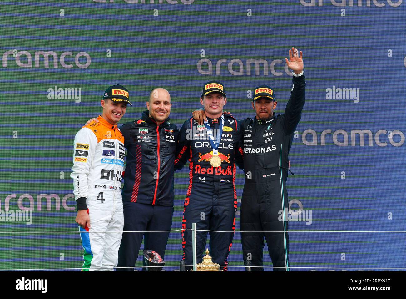 Podium celebration from left to right Lando Norris (GBR) McLaren MCL60 ...