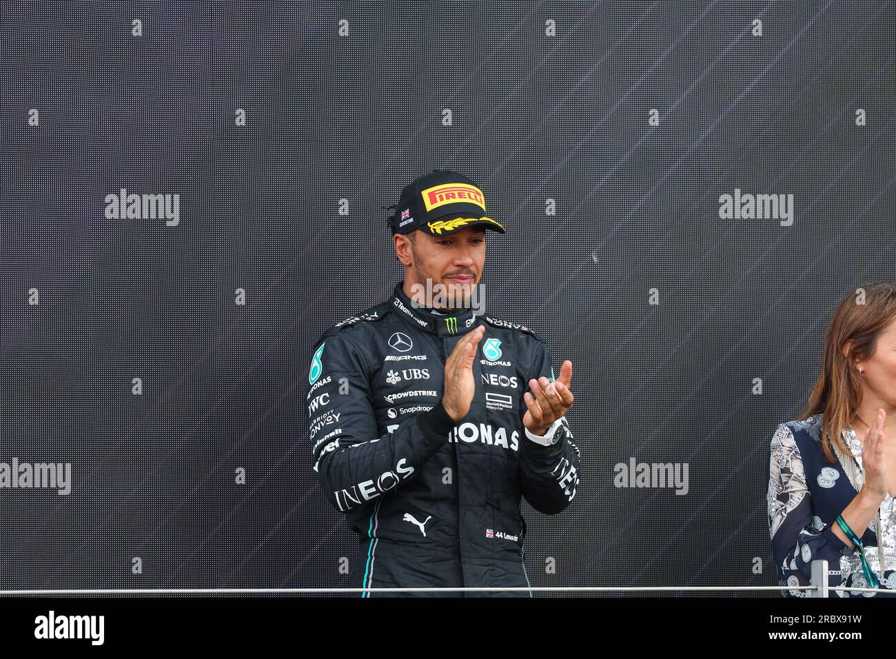 Podium celebration Lewis Hamilton (GBR) Mercedes W14 E Performance ...