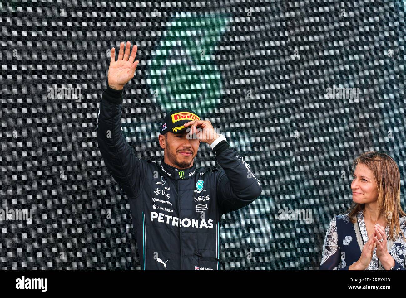 Podium celebration Lewis Hamilton (GBR) Mercedes W14 E Performance ...