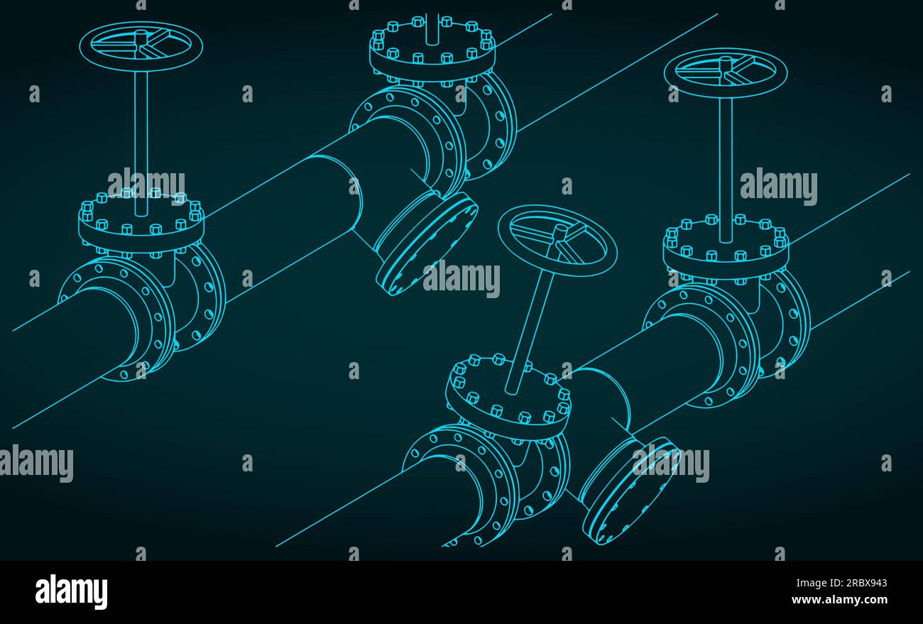 Stylized vector illustration of isometric blueprint of pipes and valves ...