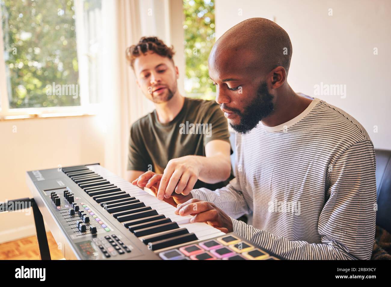 Music, piano and teacher with black man, learning or practice together ...